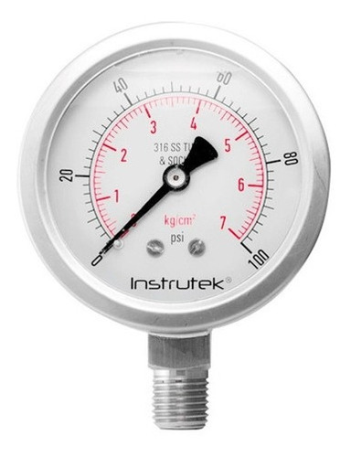 Manómetro 2.5", acero inoxidable, 1/4" NPT, inferior, 100 psi-kg/cm2 | Instrutek